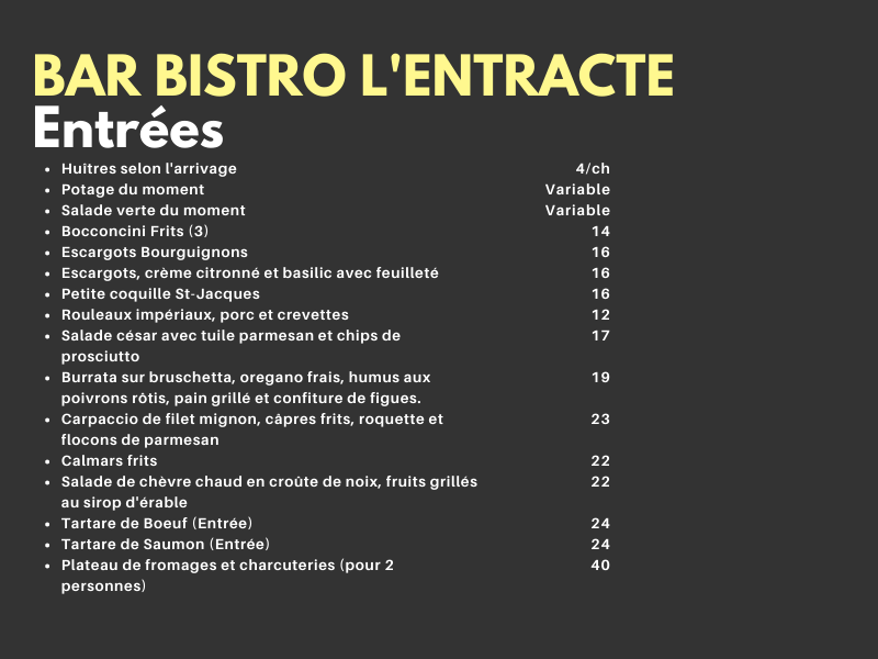 À la carte et Desserts – Bar Bistro l'Entracte
