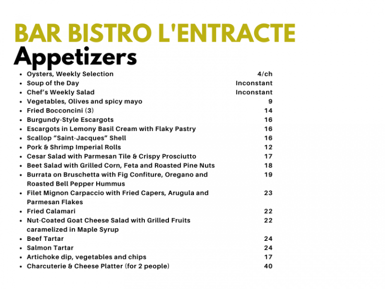 Menu – Bar Bistro l'Entracte